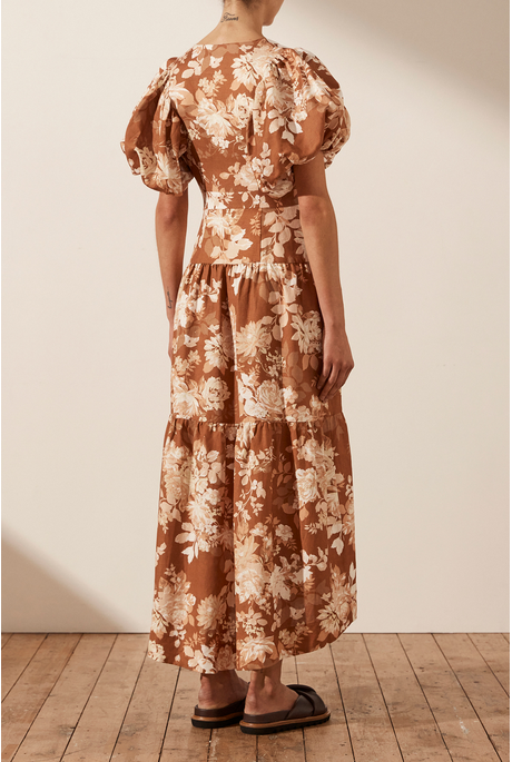 Shona Joy Capucine Linen Plunged Short Sleeve Midi Dress Dresses