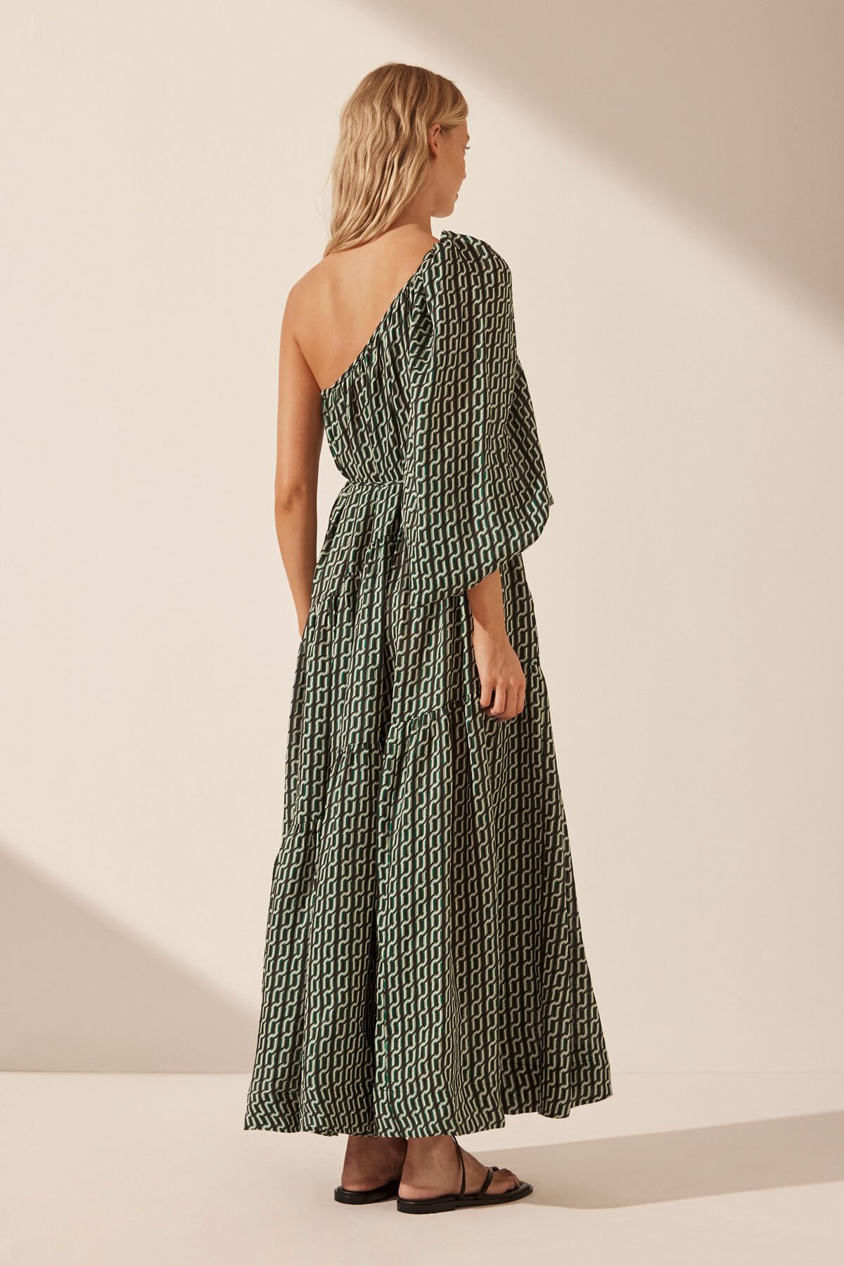 Shona Joy Ida Linen Long Sleeve One Shoulder Tiered Dress Dresses